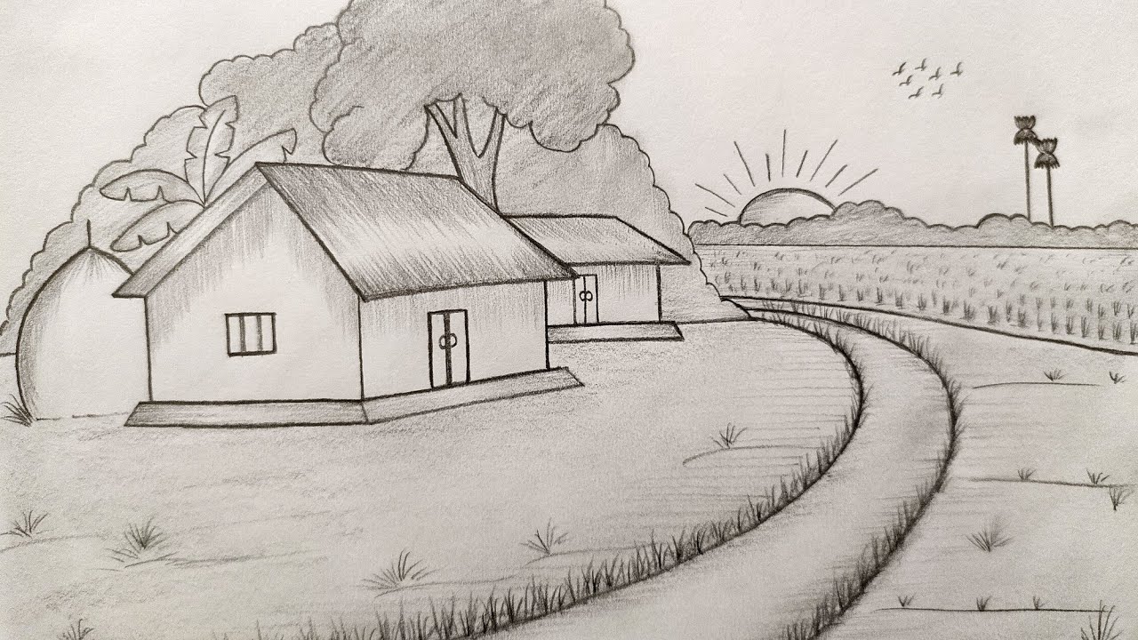 easy village drawing tutorial for beginners/scenery drawing step by ...