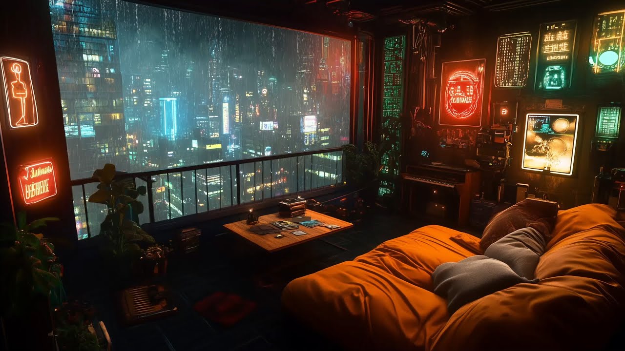 🎵 Serenity Above the Neon: Rain and Ambient music | Cyberpunk City Loft ...
