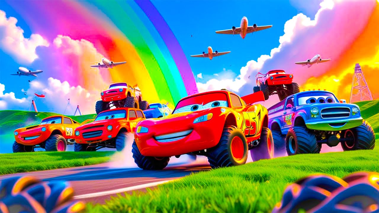 TRANSPORTING PIXAR CARS & FRUITS WITH COLORED & JOHN DEERE vs CLAAS vs ...