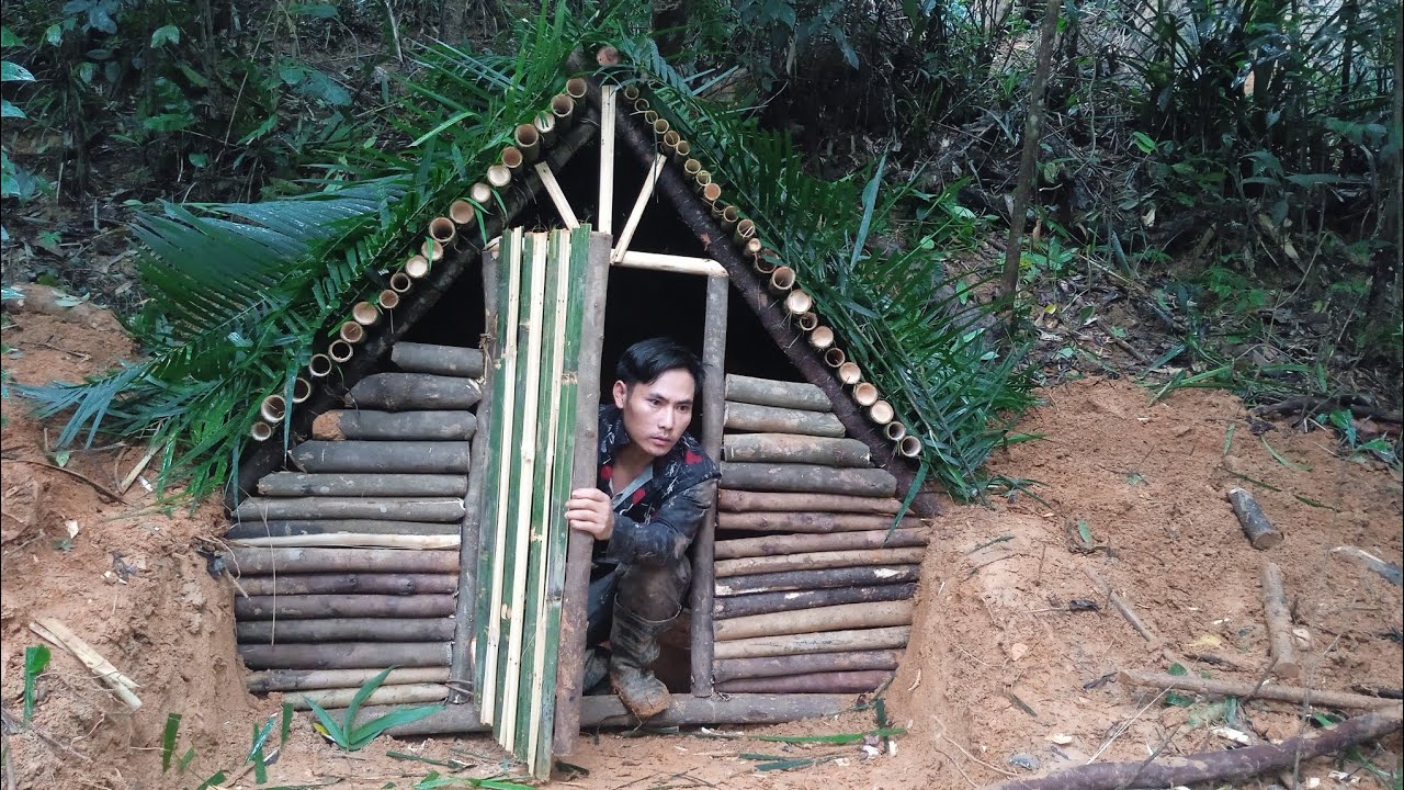 Build a warm and cozy dugout to survive. Bamboo Shelter, Secret Cave ...