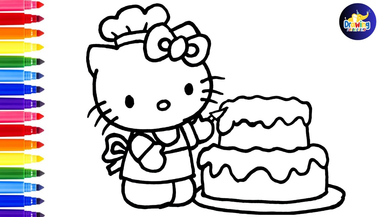 How to Draw Hello Kitty With Cake, Hello Kitty Drawing For Kids, Happy ...