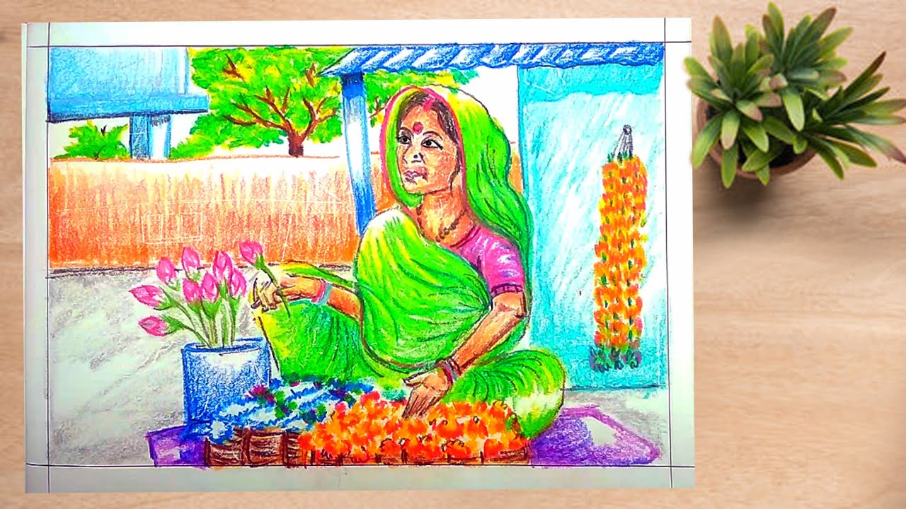 🎨 a women selling flowers scenery easy | beautiful scenery drawing # ...