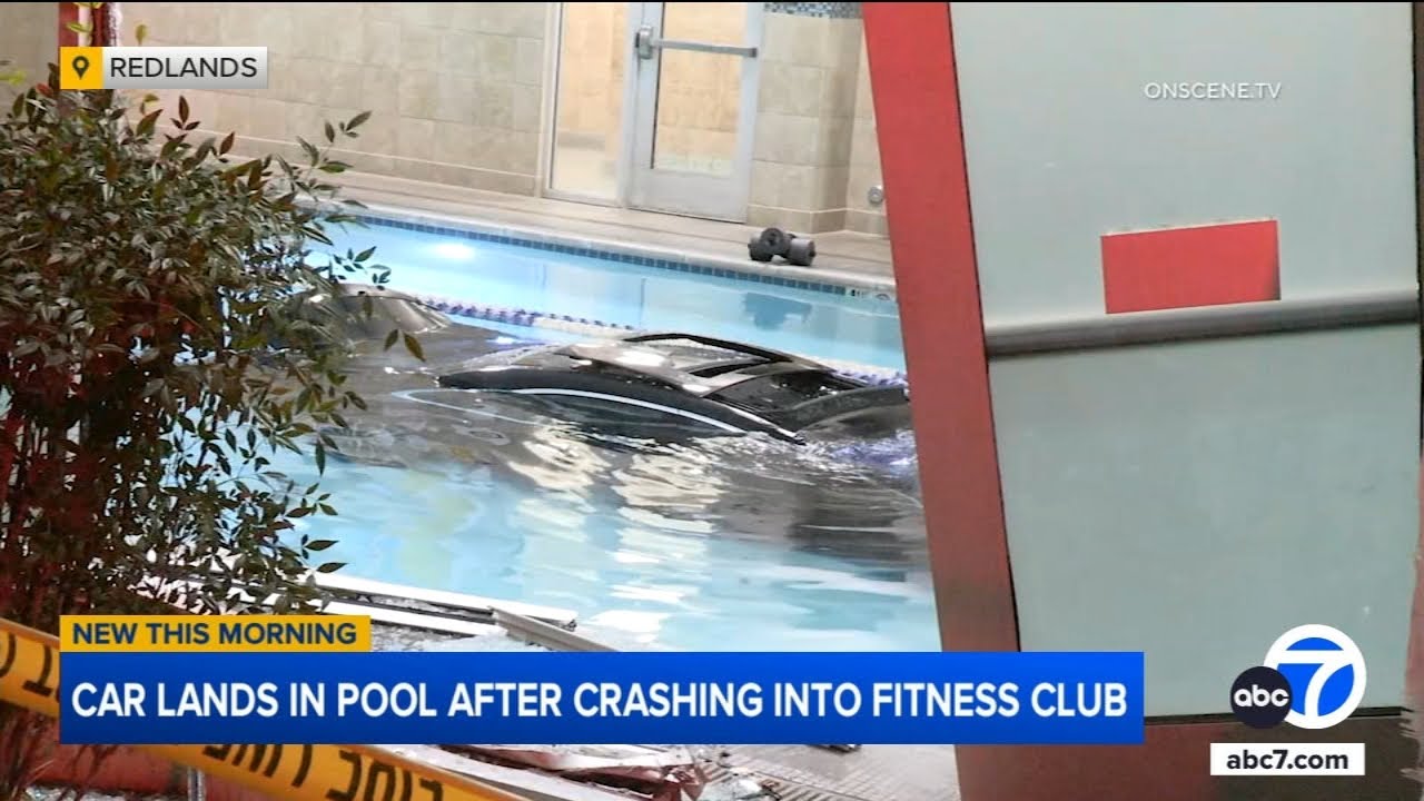 Car crashes into 24 Hour Fitness in Redlands, ends up in pool - YouTube