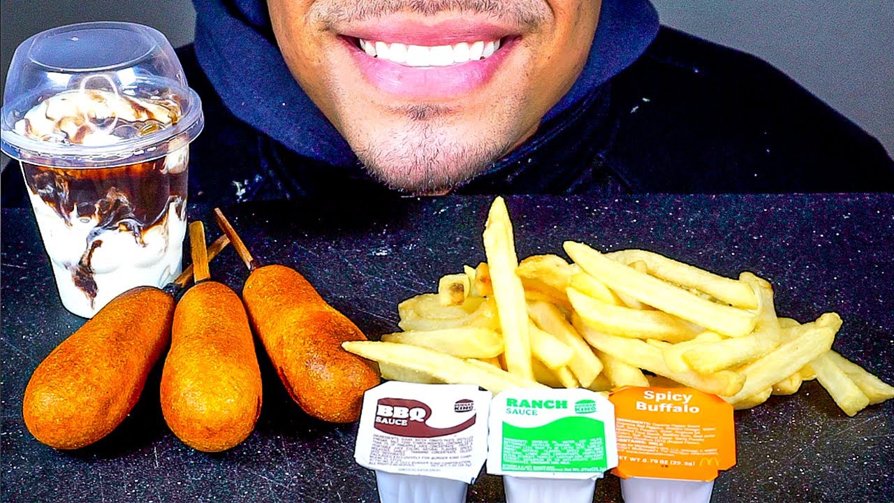 CRISPY CORN DOGS FRIES ICE CREAM HOT FUDGE SUNDAE EATING MOUTH SOUNDS ...