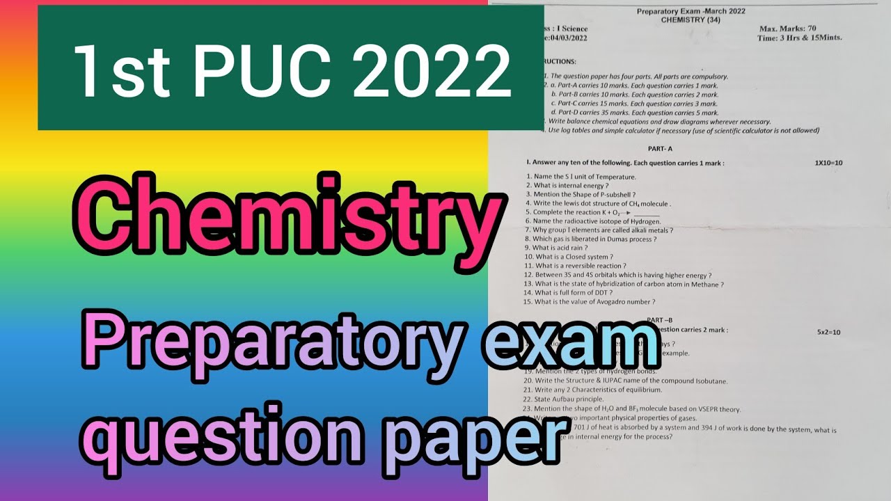 1st PUC Chemistry Preparatory exam question paper 2022 / class 11 ...