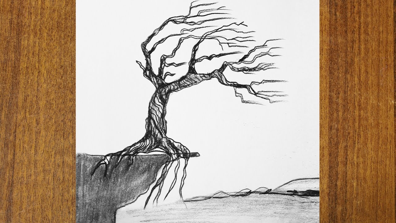 How to draw a tree on a cliff easy way || Draw an Easy Landscape - YouTube