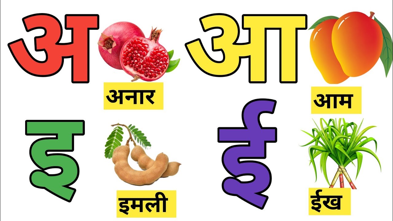 A se anar,Hindi varnamala with pictures,A se anar aa se aam, अ से अनार ...