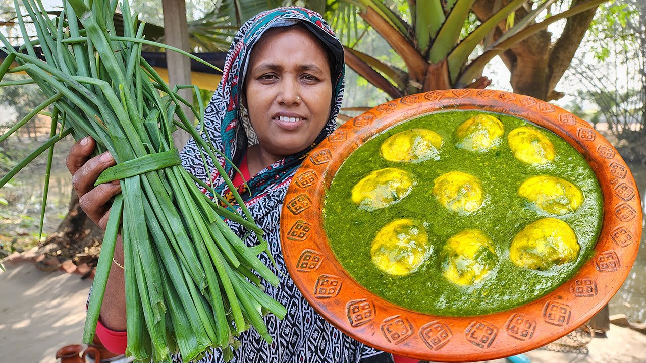 GREEN EGG MASALA CURRY - Subuj Dim Ranna - Onion Leaves Egg Curry ...