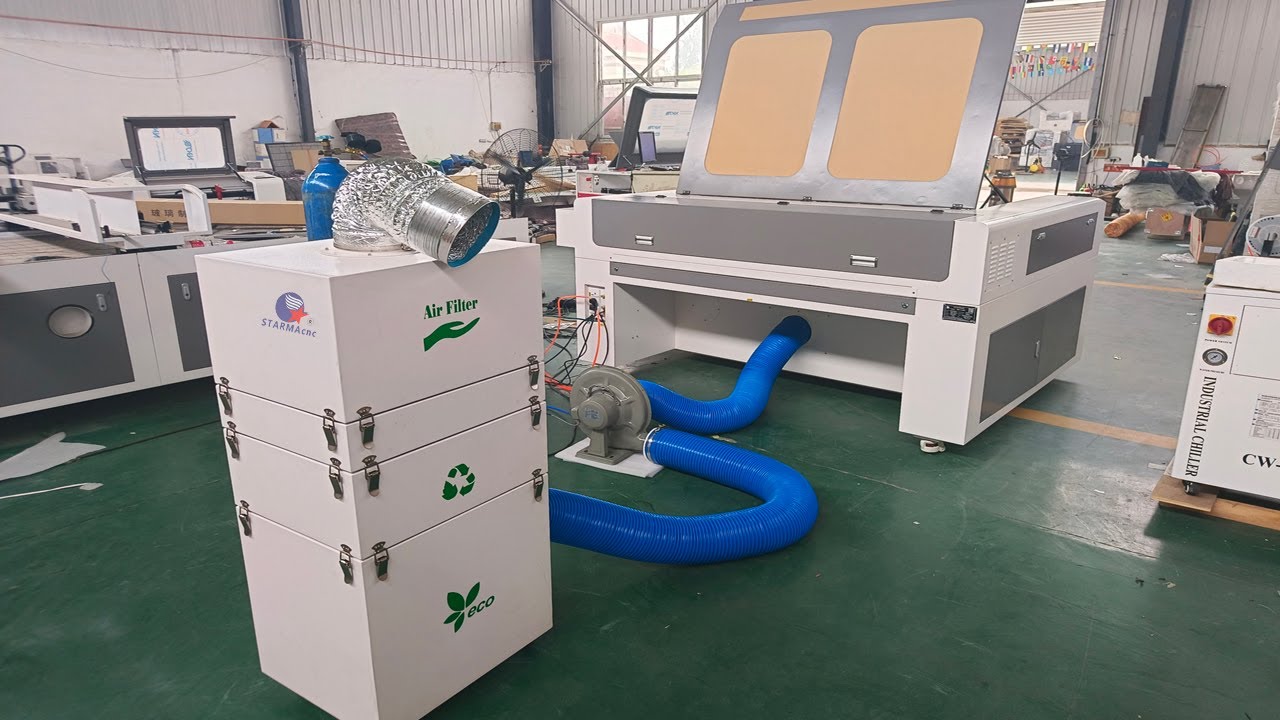 Co2 laser machine air filter working clean the smoke and smell - YouTube