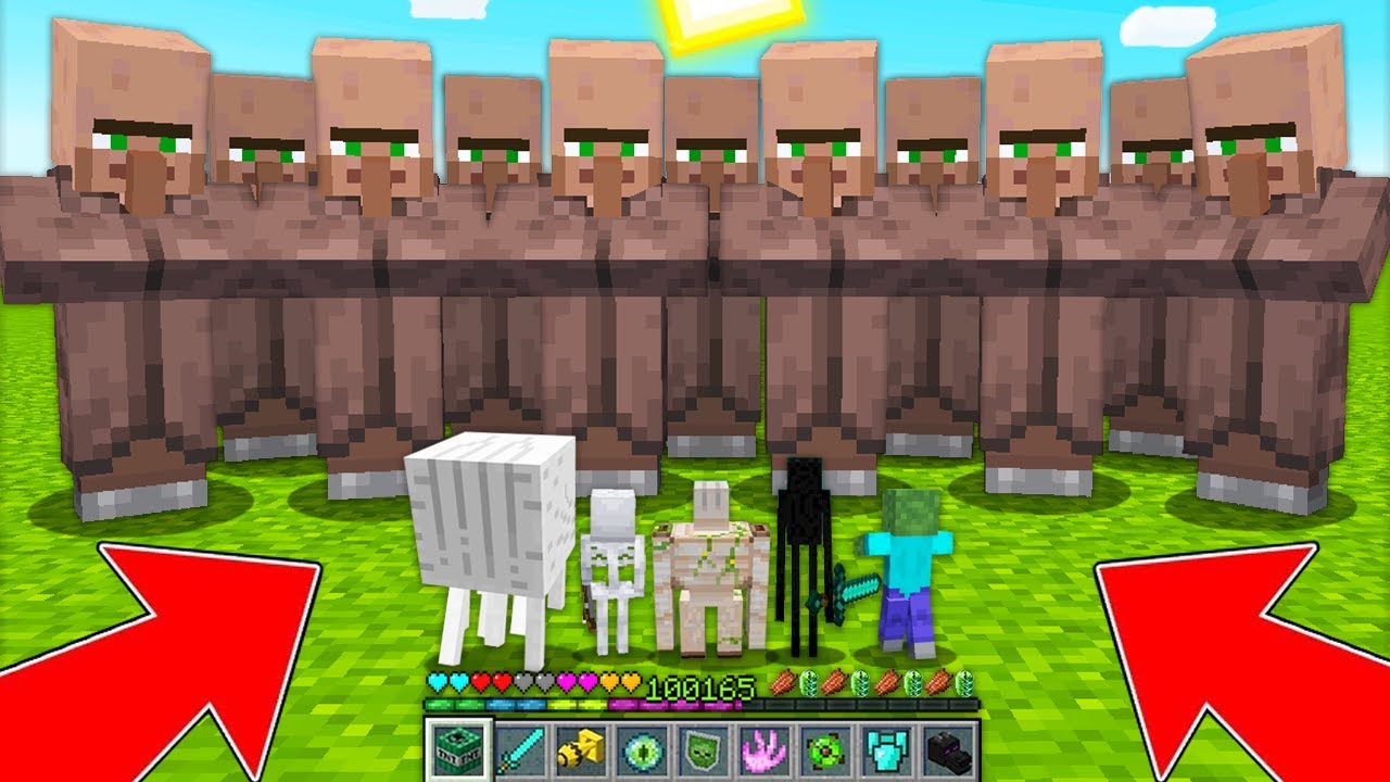 TINY ENDERMAN GHAST GOLEM ZOMBIE SKELETON vs VILLAGERS ARMY IN ...