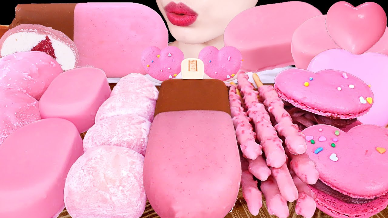 ASMR MUKBANG｜PINK CHOCOLATE PARTY *ICE CREAM, MOCHI, TICO, MOUSSE CAKE ...
