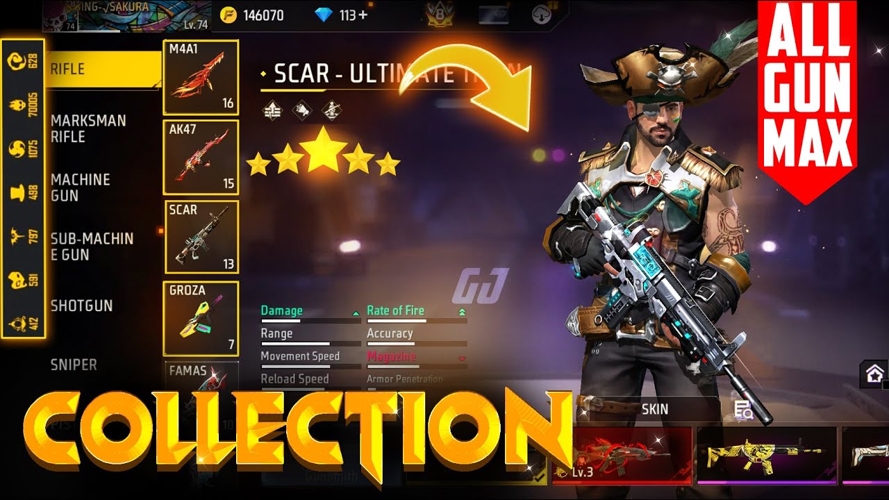 74 LEVEL FREE FIRE COLLECTION | GOLDEN SAKURA BUNDLE | ALL EVO GUNS MAX ...