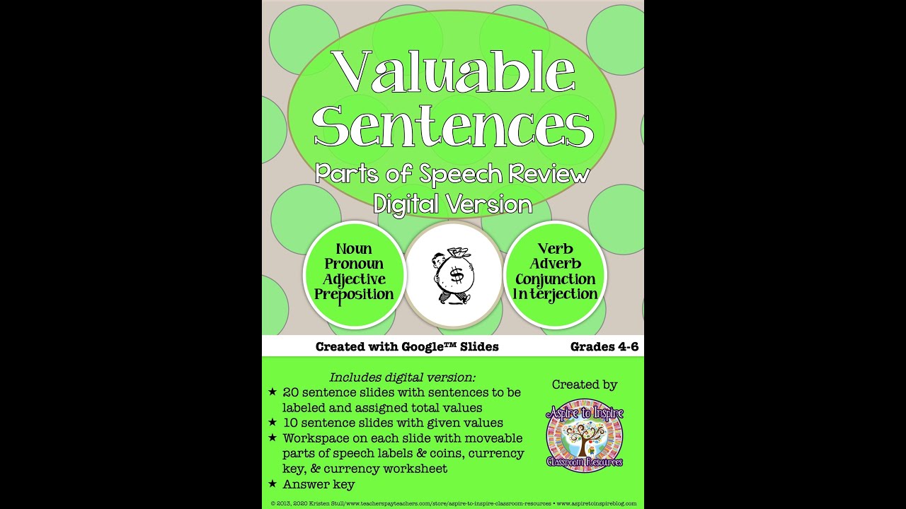 Preview: Valuable Sentences Parts of Speech Review (Digital Version ...