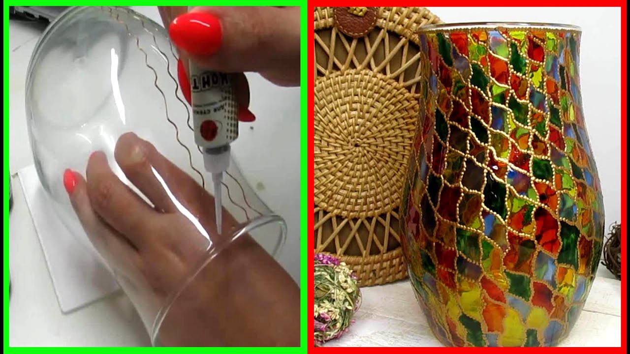 Falso Vitral sobre Vidrio | Jarrón o Florero Mosaico de 5 Colores ...