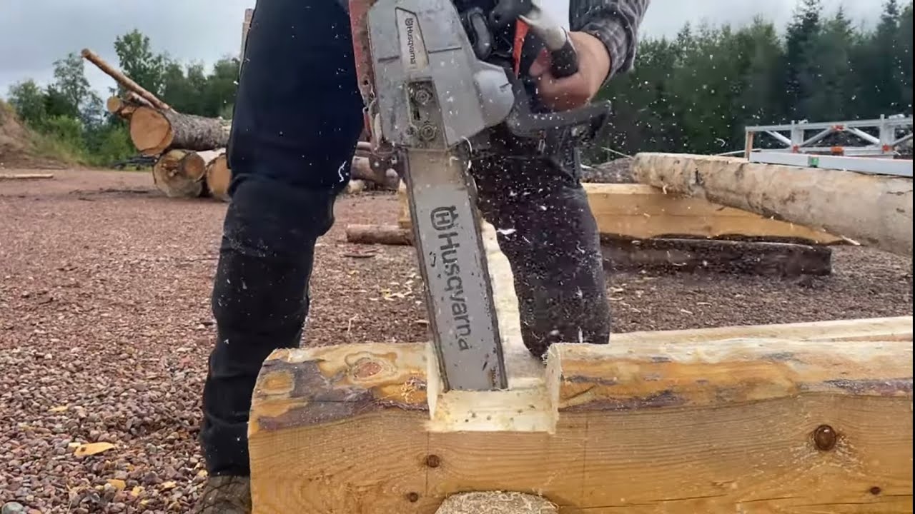 Log Cabin Build | Making the first course of logs come together | Part ...