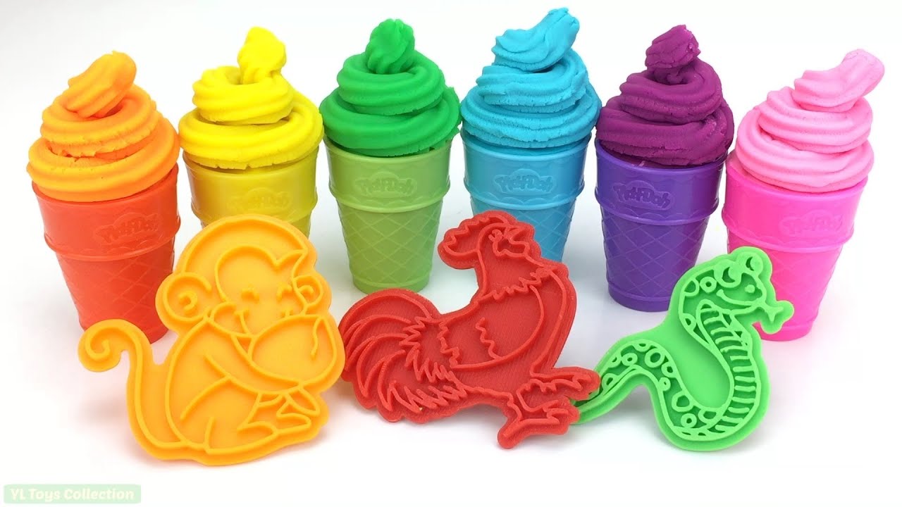 Learn Colors with 6 Color Play Doh and Monkey Cow Cookie Molds Surprise ...