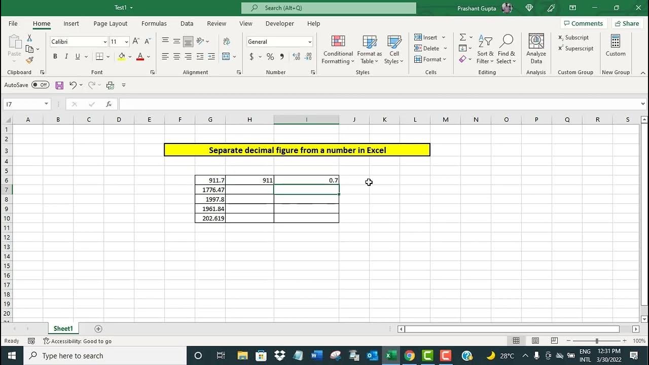 Separate decimal figure from numbers in Excel - YouTube