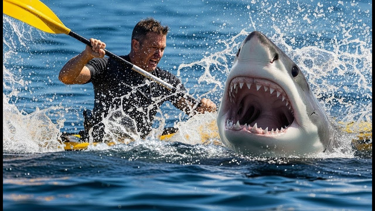 SHOCKING: Great White Shark Attacks Kayak | Man Uses Paddle to Fight 15 ...