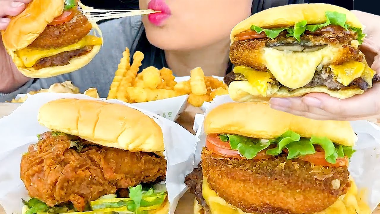 EATING SHAKE SHACK CHEESEBURGER & FRIED CHICKEN BURGER | MUKBANG | FOOD ...