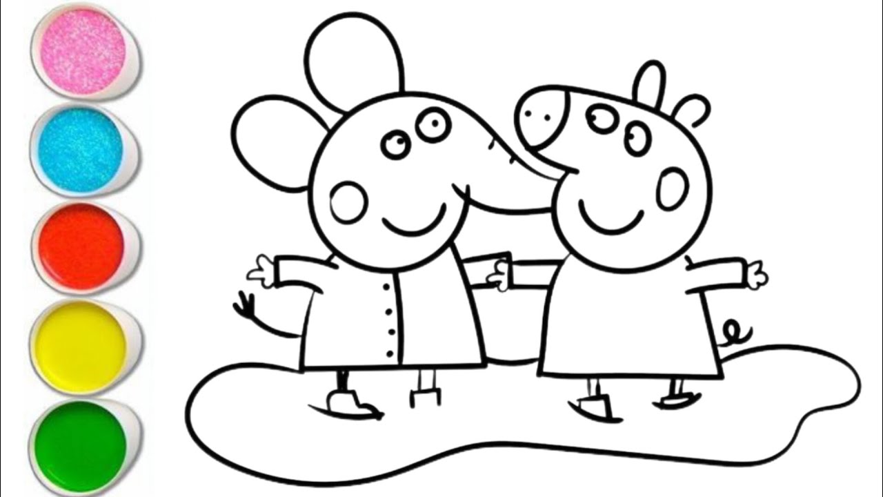 Peppa pig with her friend elephant drawing and colouring for kids and ...