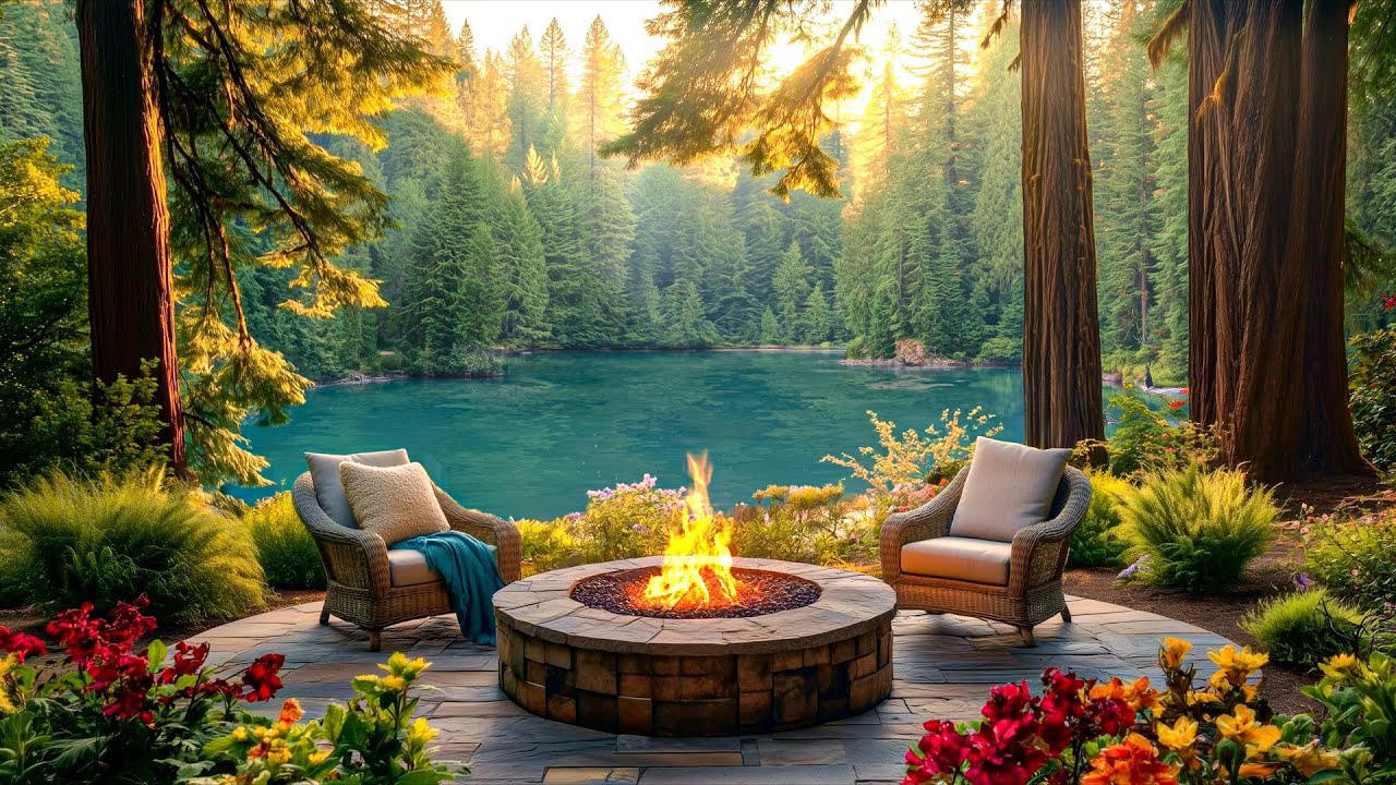 Morning Lakeside Ambience with Nature Sounds. Birdsong, Campfire Sound ...