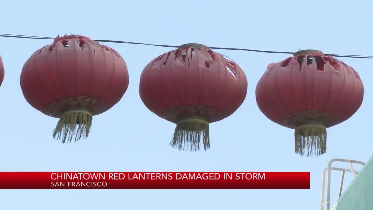 Chinatown red lanterns damaged in storm - YouTube
