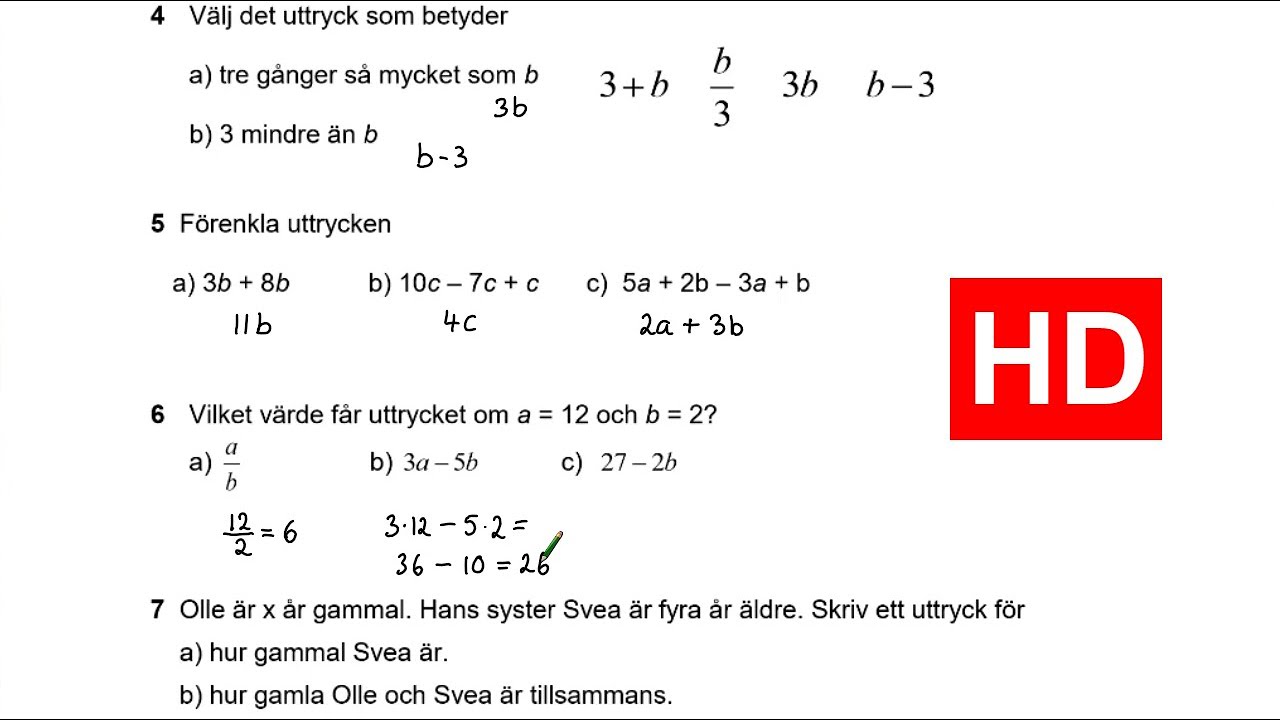 Övningsprov Algebra och ekvationer åk 7 (HD) - YouTube