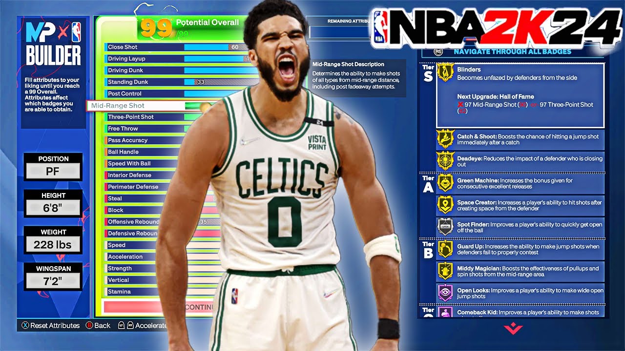 NBA 2K24 JAYSON TATUM BUILD - 90 MID RANGE + 88 PERIMETER DEFENSE + 86 ...