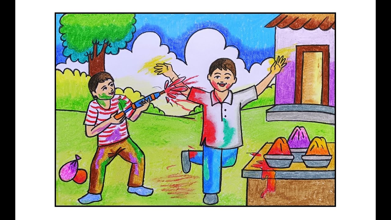 HAPPY HOLI FESTIVAL DRAWING EASY STEPS/HOLI SCENERY DRAWING/HOW TO DRAW ...