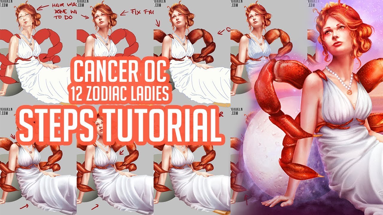 Cancer OC - 12 Zodiac Ladies - Steps Digital Painting Tutorial - YouTube