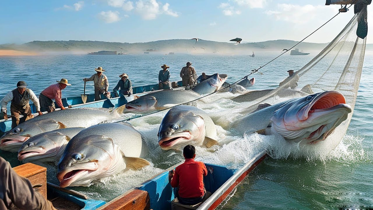 Modern fishing boats carrying hundreds of tons of giant cod, fishermen ...