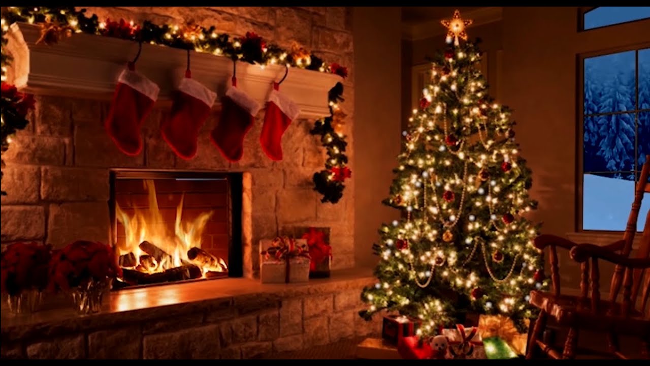 Merry Christmas Jingles Blizzard Fireplace Crackling Wood Fire ...
