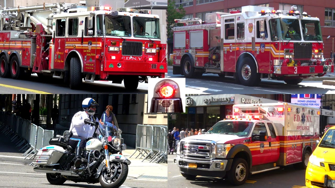 NYPD Motorcycle and FDNY Fire Engines and Trucks, Ambulances Responding ...