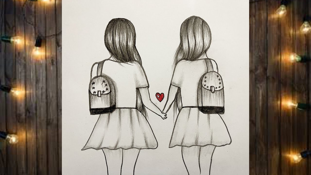 Best Friends Drawing | Two Best Friends Girl Drawing | Easy Pencil ...