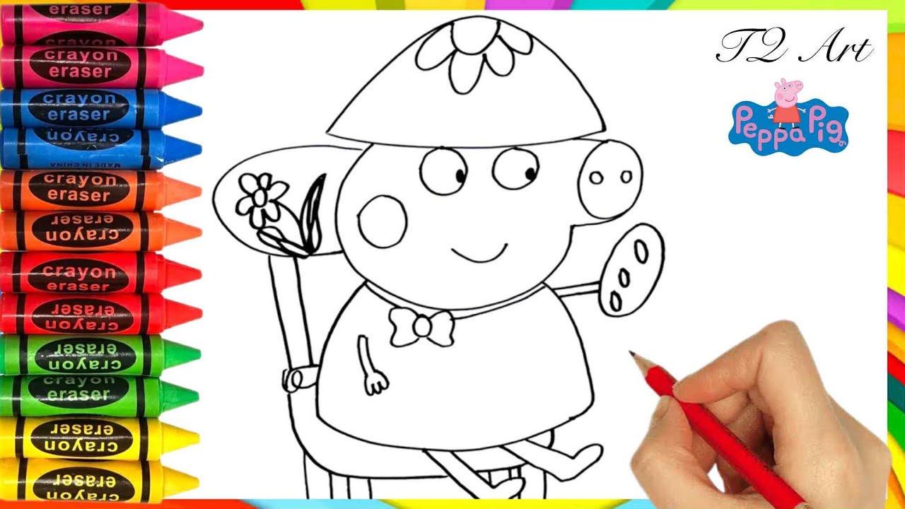 peppa pig drawing || 🐽 Peppa pig sitting on a chair and holding a loaf ...