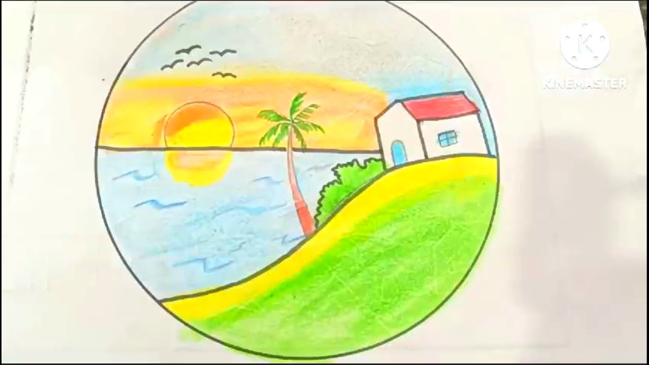 easy circle scenery drawing || beautiful scenery drawing easy circle ...