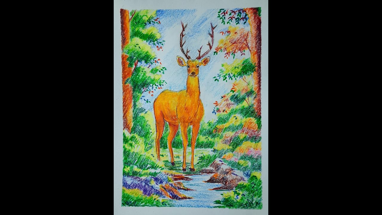 Easy Deer scenery drawing with oil pastels - YouTube