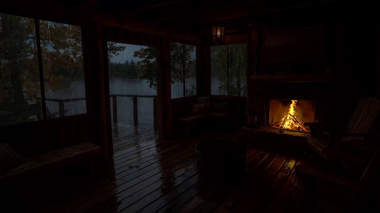Heavy Rain Beside the Lake 🍂 Cozy Wooden Cabin Balcony Ambience with ...