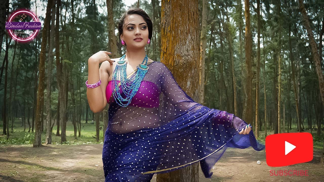 DEBOLINA I BLUE CHIFFON SAREE I BONG BEAUTY I SAREE LOVER I BONG CRUSH I BINDASS FASHION - YouTube