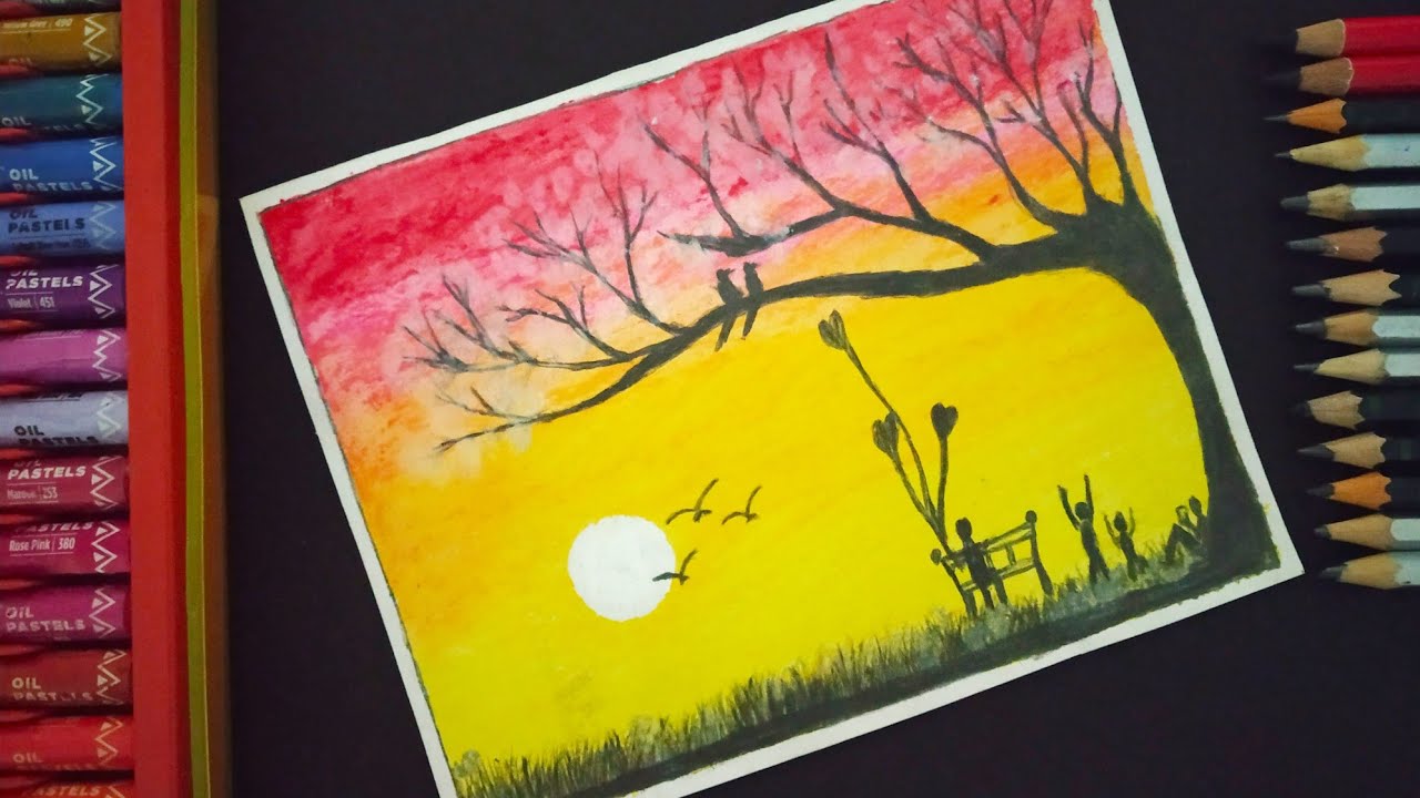 How to Draw an Evening Sunset Scenery || Drawing for Beginners with Oil ...