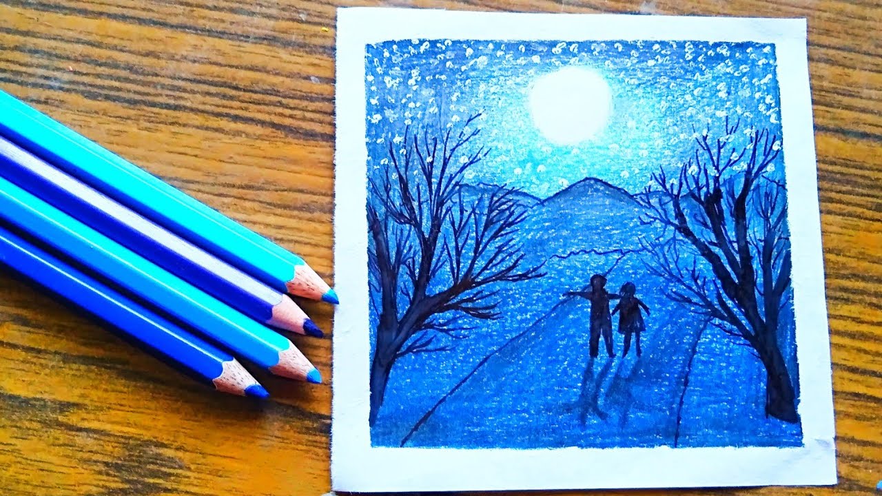 how to draw moonlight scenery color pencils / easy to draw moonlight ...