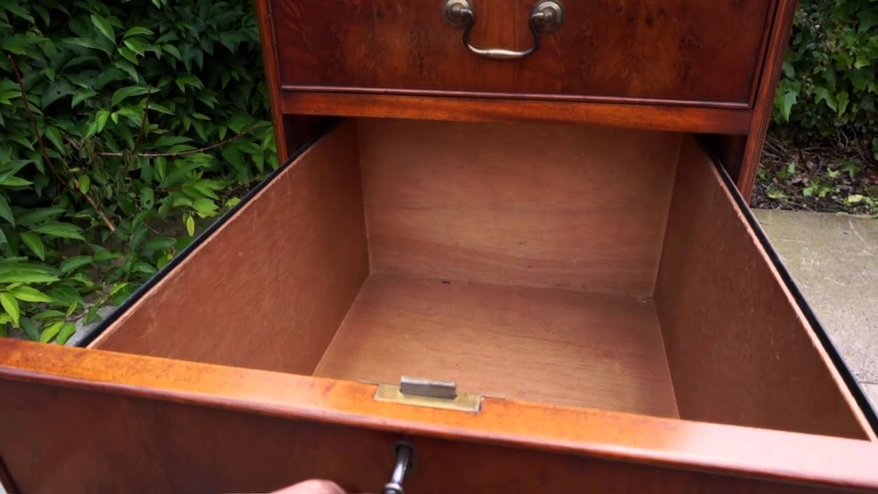 Large Brown Leather Top Yew Wood Filing Cabinet Three Drawer - YouTube