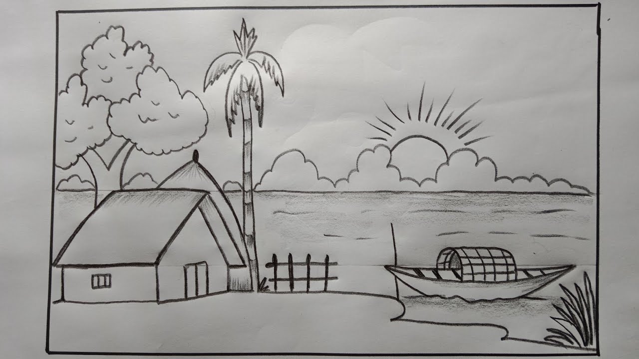 Village river scenery drawing 🥰🥰 Sundhor grammer drisso shohoje ongkon ...
