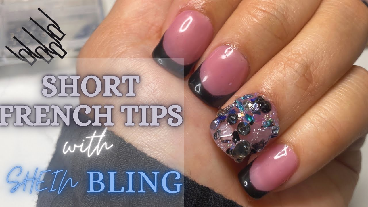 🖤BLACK FRENCH TIPS WITH BLING🖤 press on design & application - YouTube