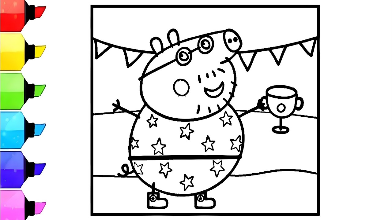 Coloring Daddy Pig Winning the Trophy | Daddy Pig Drawing, Painting and ...