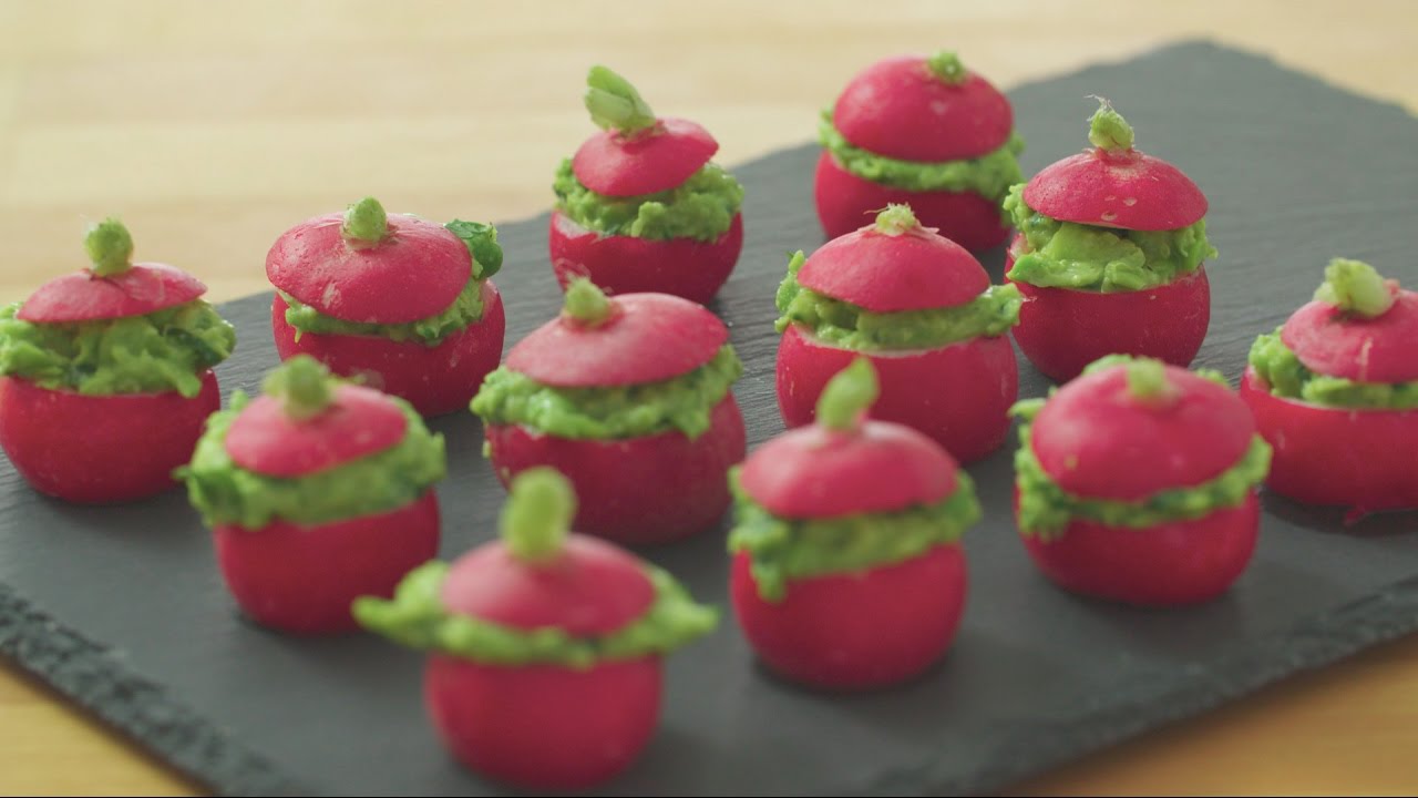 Xanthe Clay's radish canapes filled with pea guacamole - YouTube