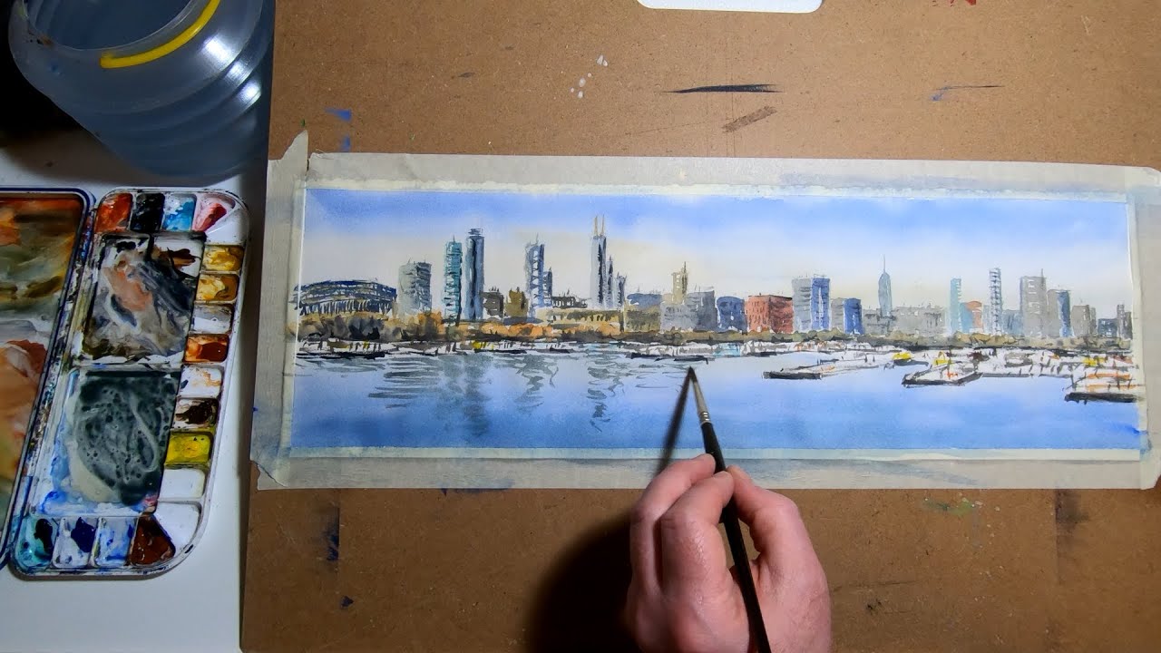 How to paint a cityscape in watercolour. A simple panoramic city ...