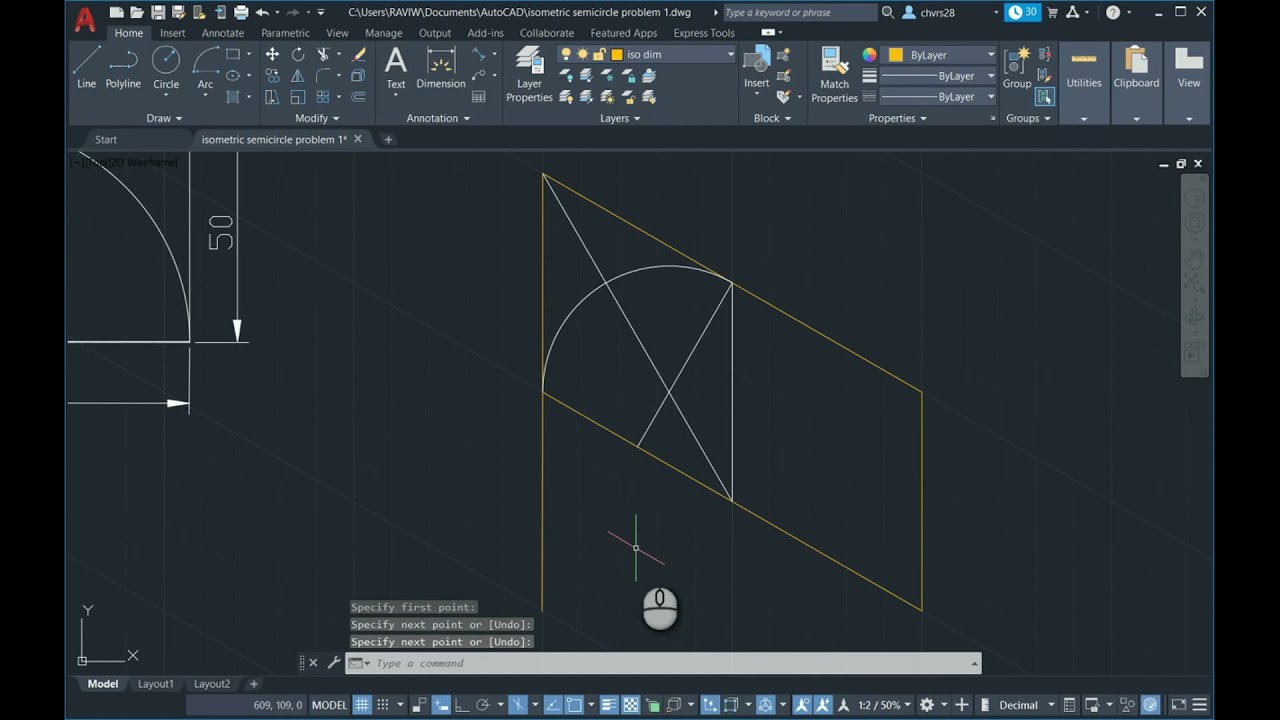 Draw isometric semicircle Autocad 2021 - YouTube