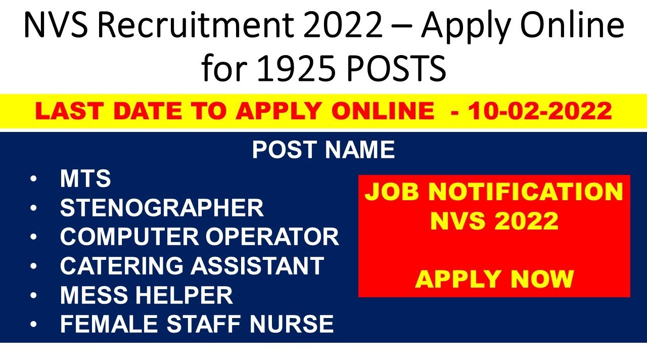 NVS Recruitment 2022 – Apply Online for 1925 POSTS JOB NOTIFICATION NVS ...
