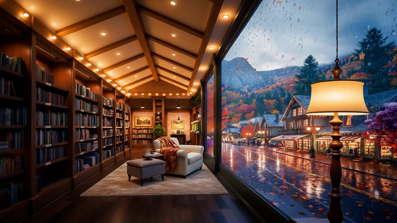 Autumn Library Ambience 🍁 🌧️ Rainy Window, Cozy Interior & Soft Jazz ...